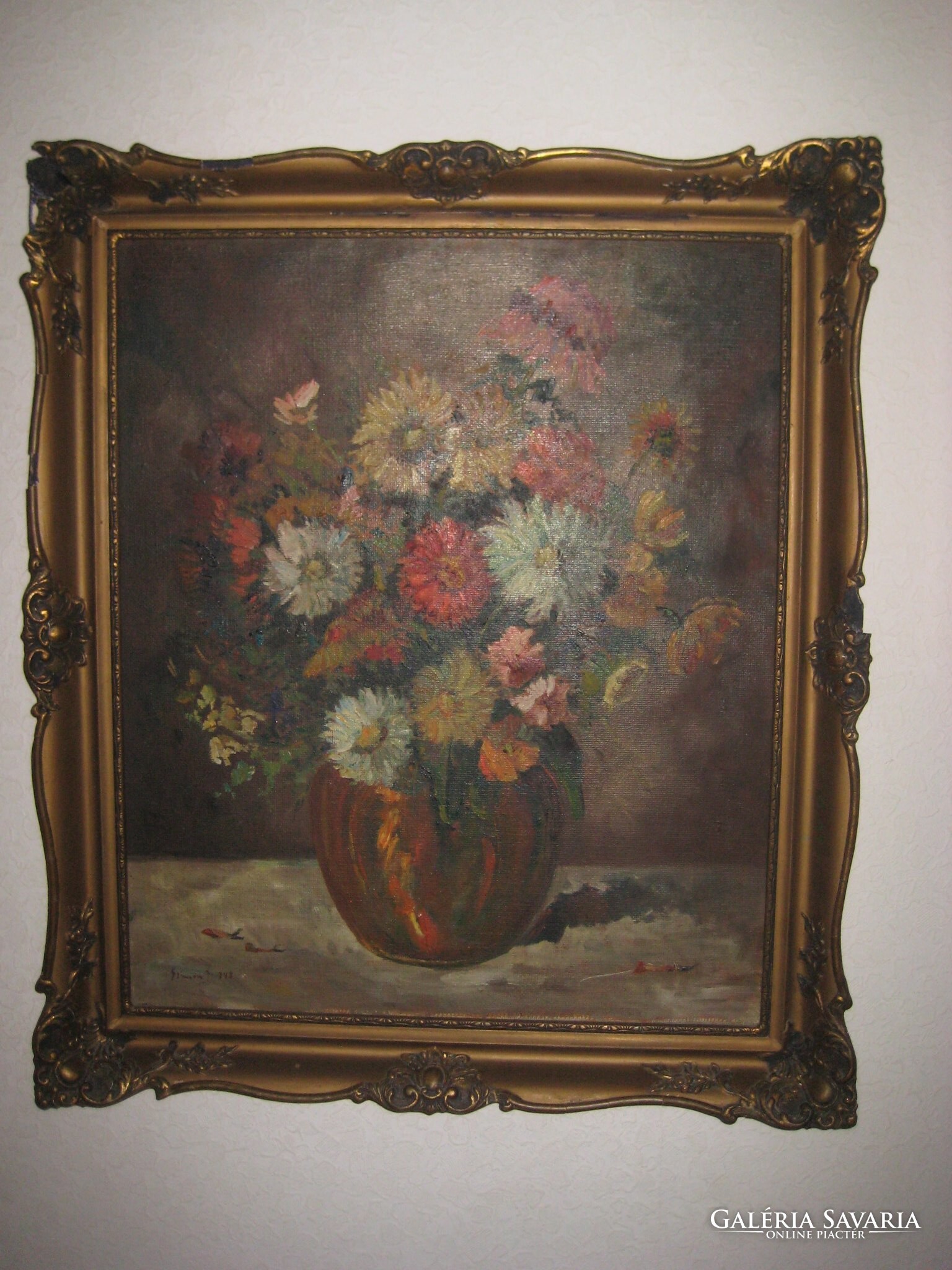 Virág csendélet szignóval , 1948 . olaj- vászon , 50 x 60 és kerettel ...