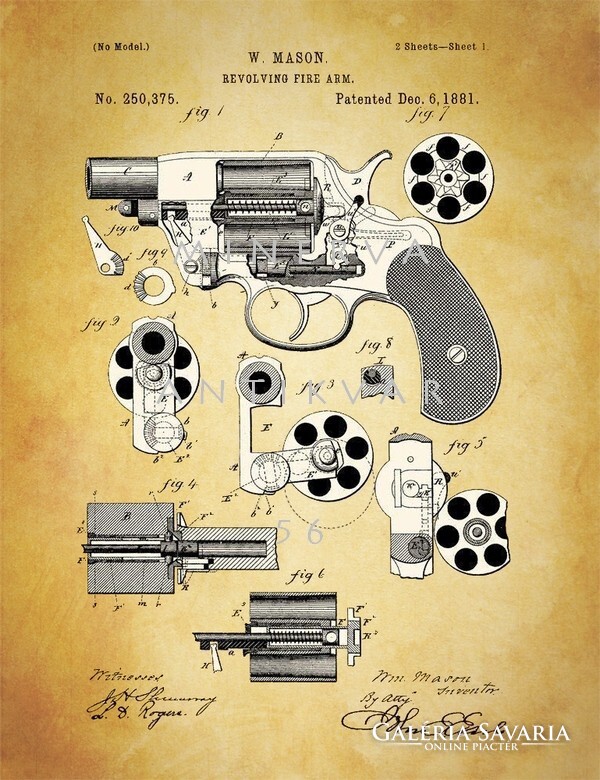 Old Antique Revolver Patent Drawing Mason 1881 Classic American Rotary ...