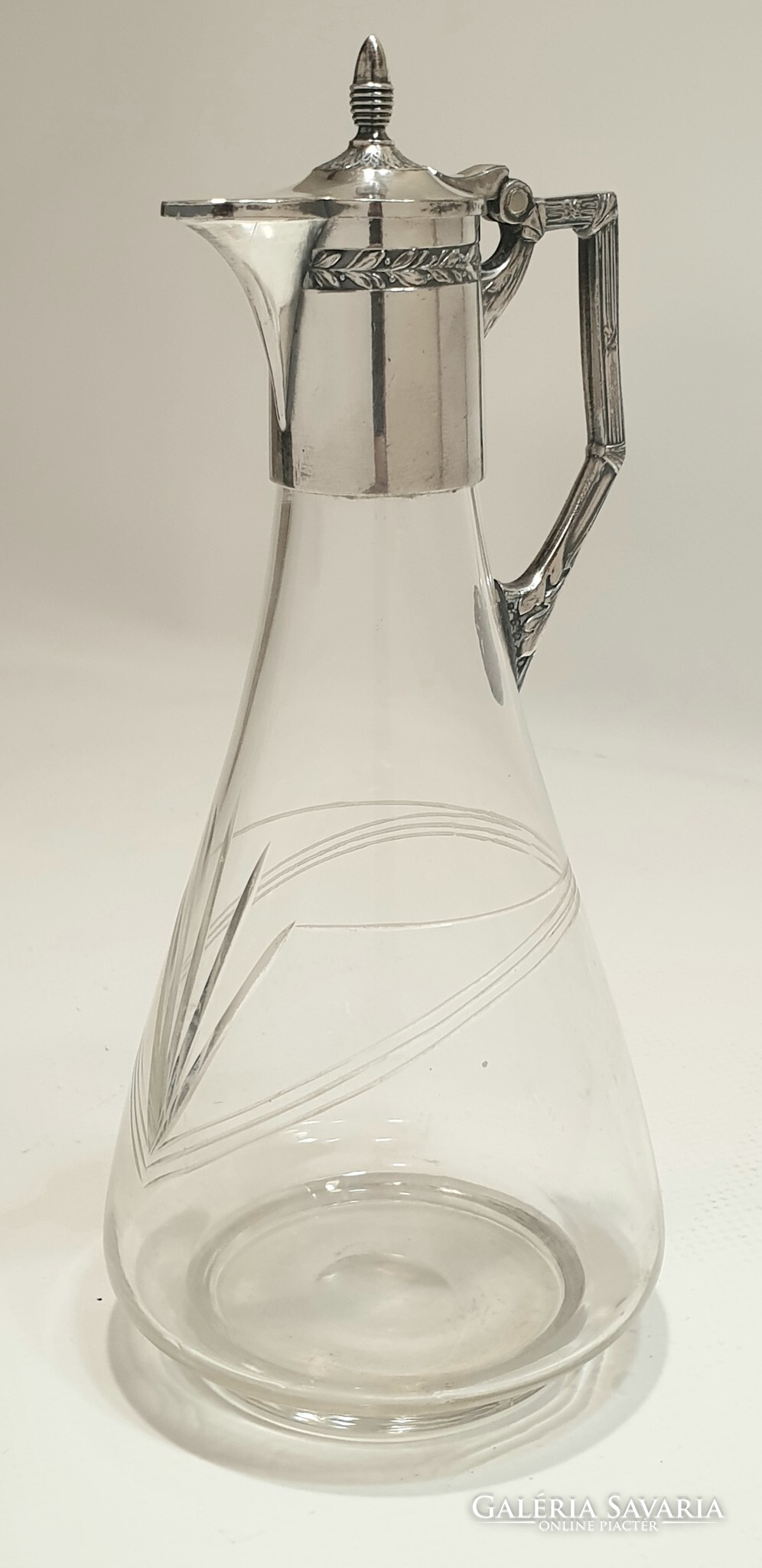 Szecessziós, ezüstözött szerelékes likőrös karaffa, kancsó, eet, olaj ...