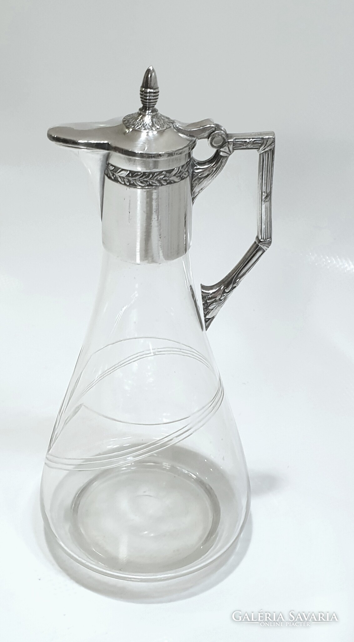 Szecessziós, ezüstözött szerelékes likőrös karaffa, kancsó, eet, olaj ...