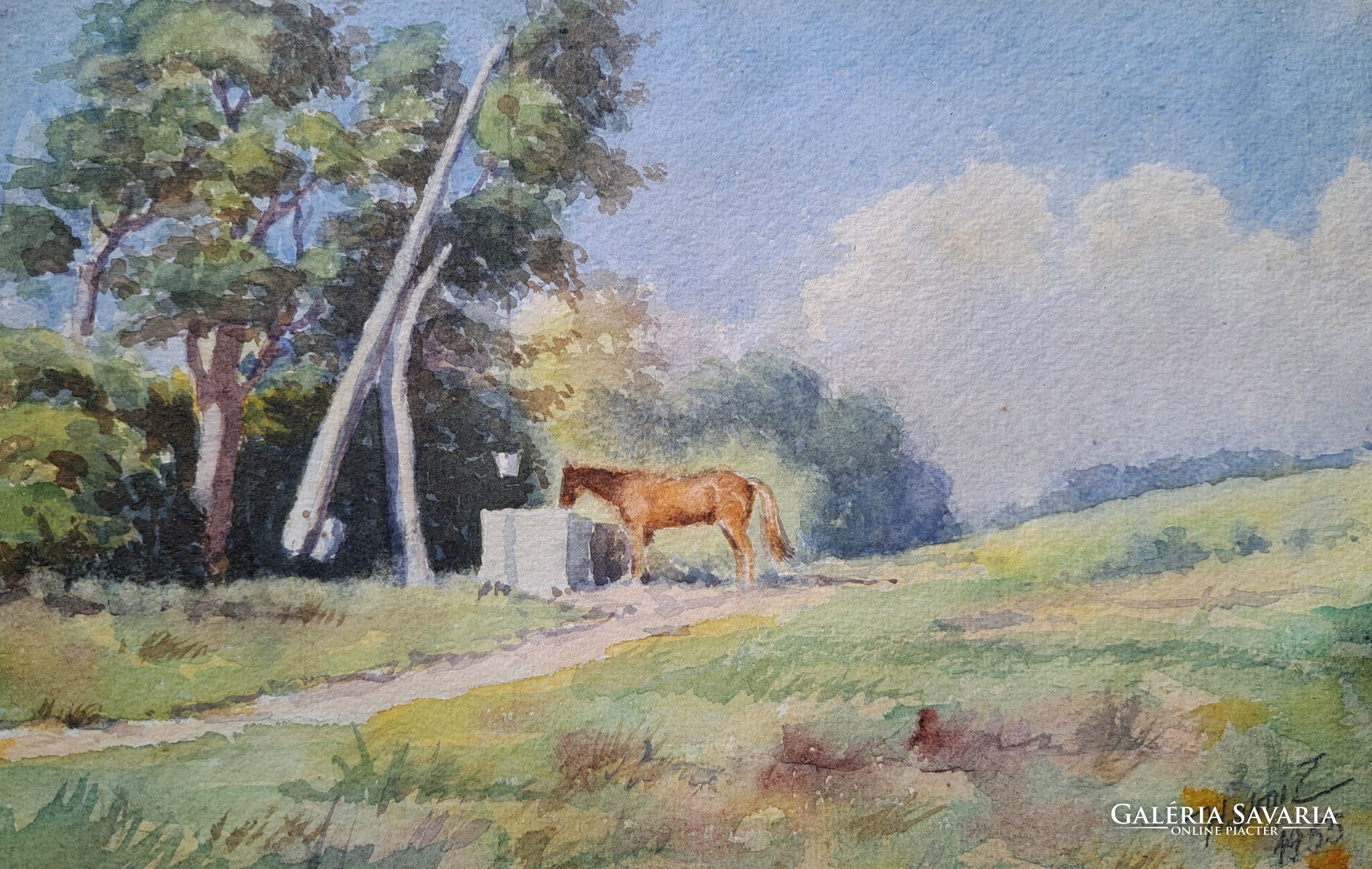 Horse at the well - watercolor landscape with a horse - signed, Halmi z ...
