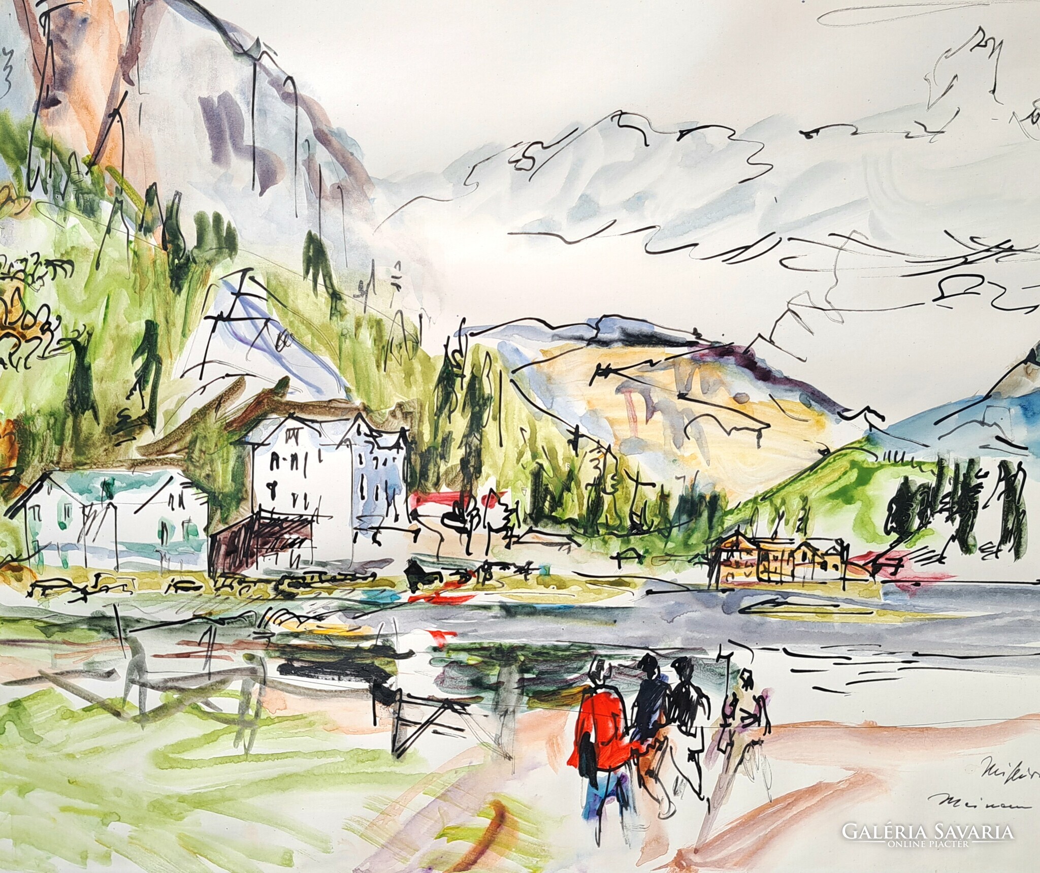 Hegyekben járva (festmény ezüst keretben) alpesi falu? tóval ...