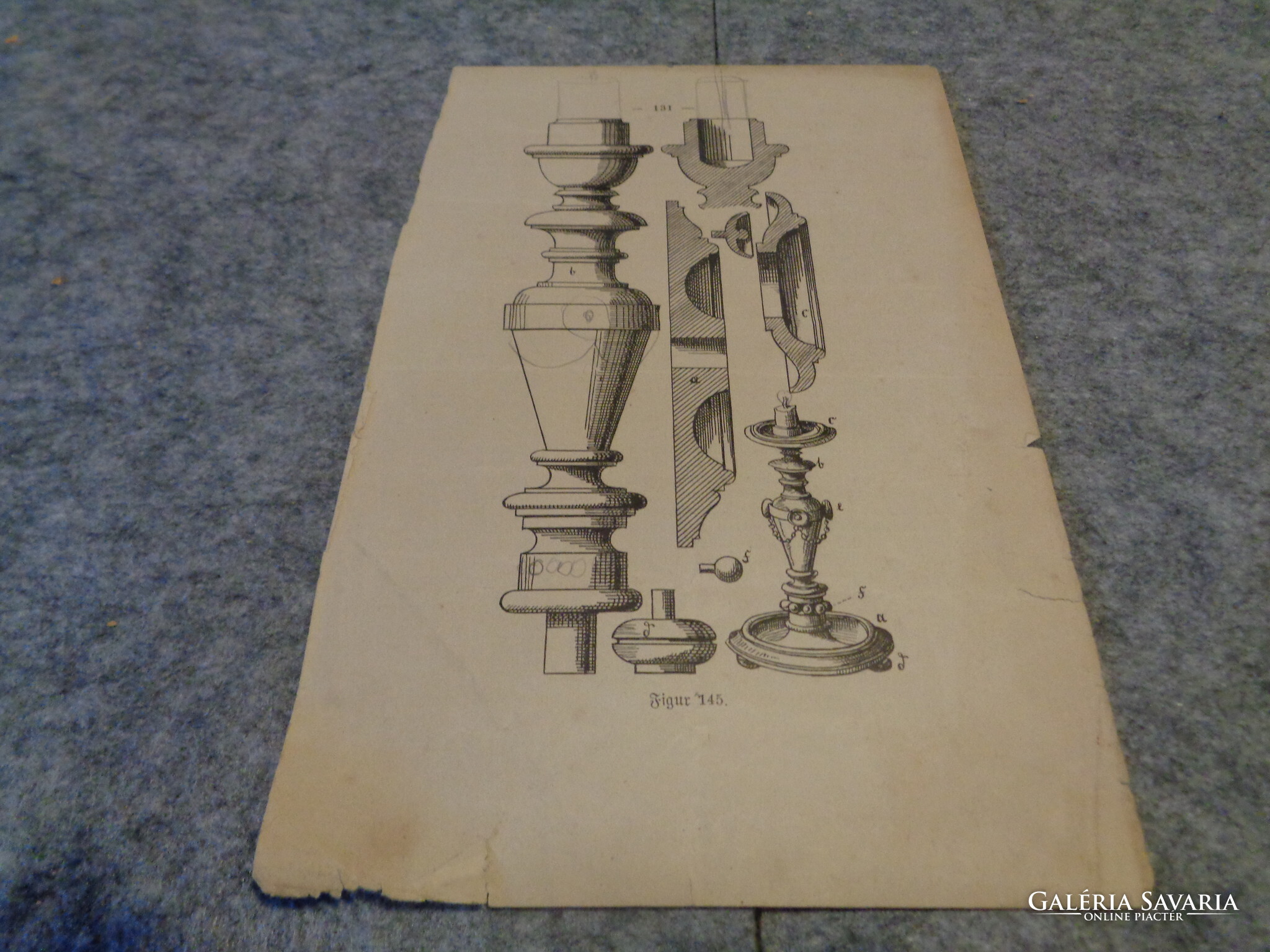 Antik szakipari rajz metszettel , egy templomi , esztergált tartó ...