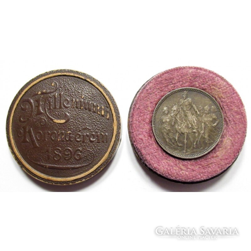 Magyarország,1 korona 1896 - Milleniumi díszdobozban - Barna (domború) ezüst 5g 835 ...