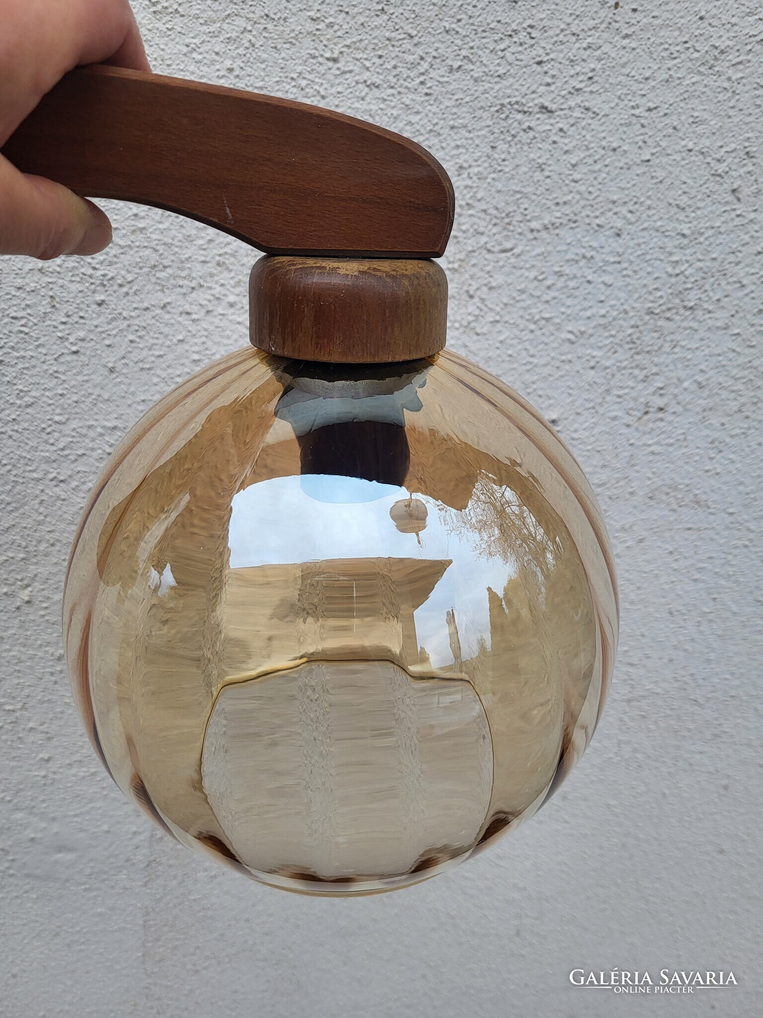 Vintage, retro, fából készült falikar, falilámpa irizáló, füstüveg ...