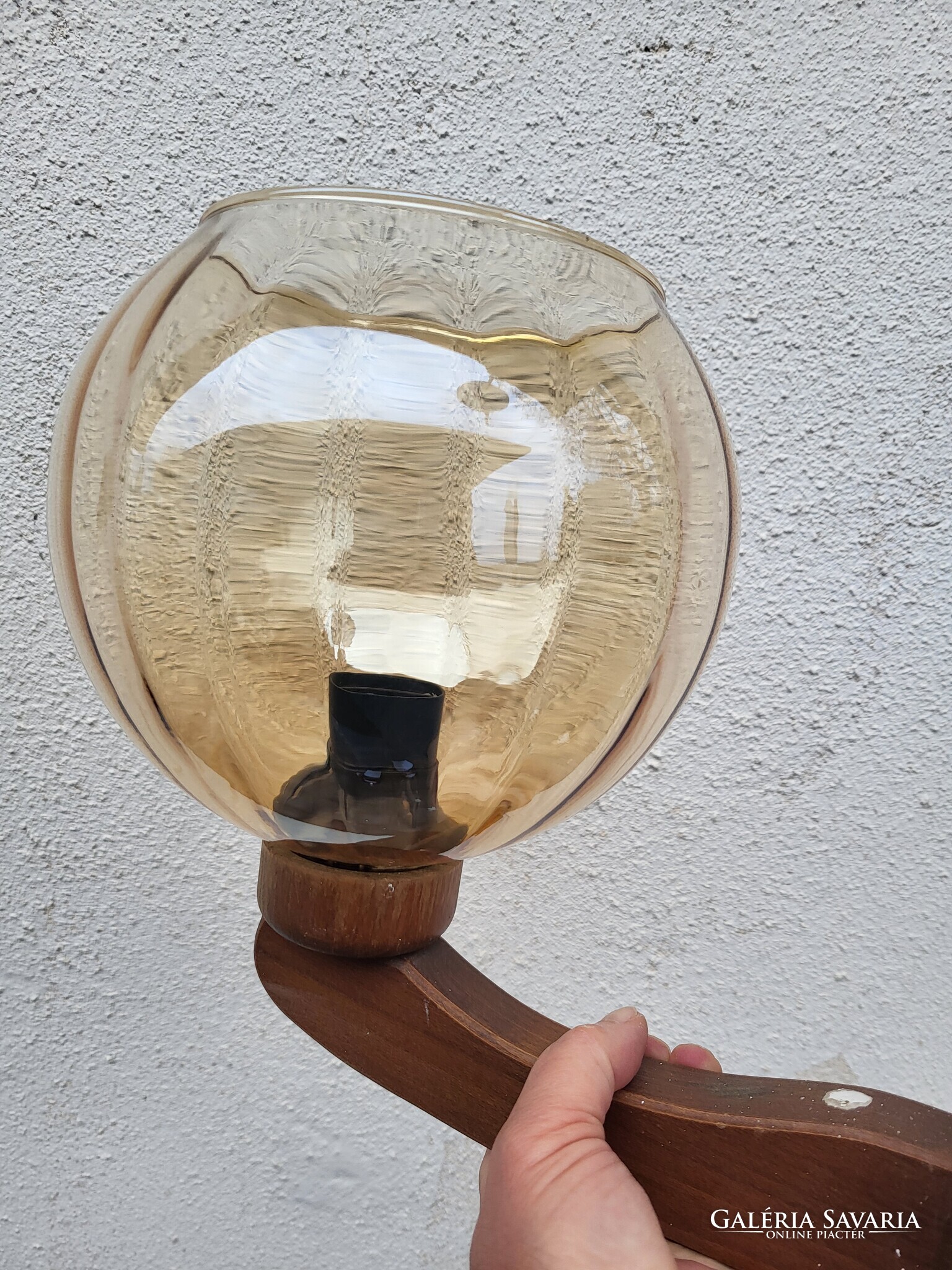 Vintage, retro, fából készült falikar, falilámpa irizáló, füstüveg ...