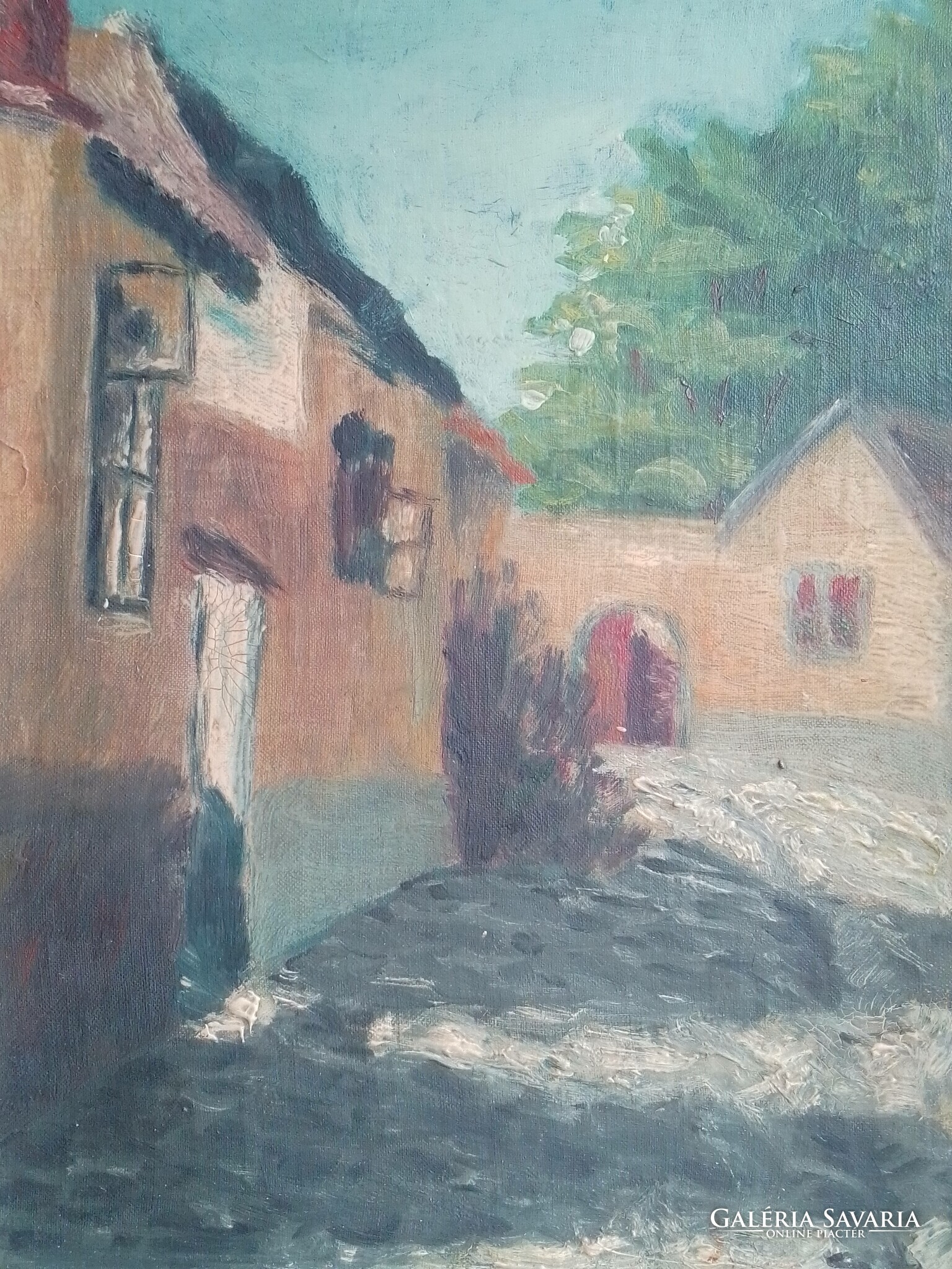 Antik olajfestmény, hangulatos Tabán tabáni utca részlet, S. H. jelzés ...