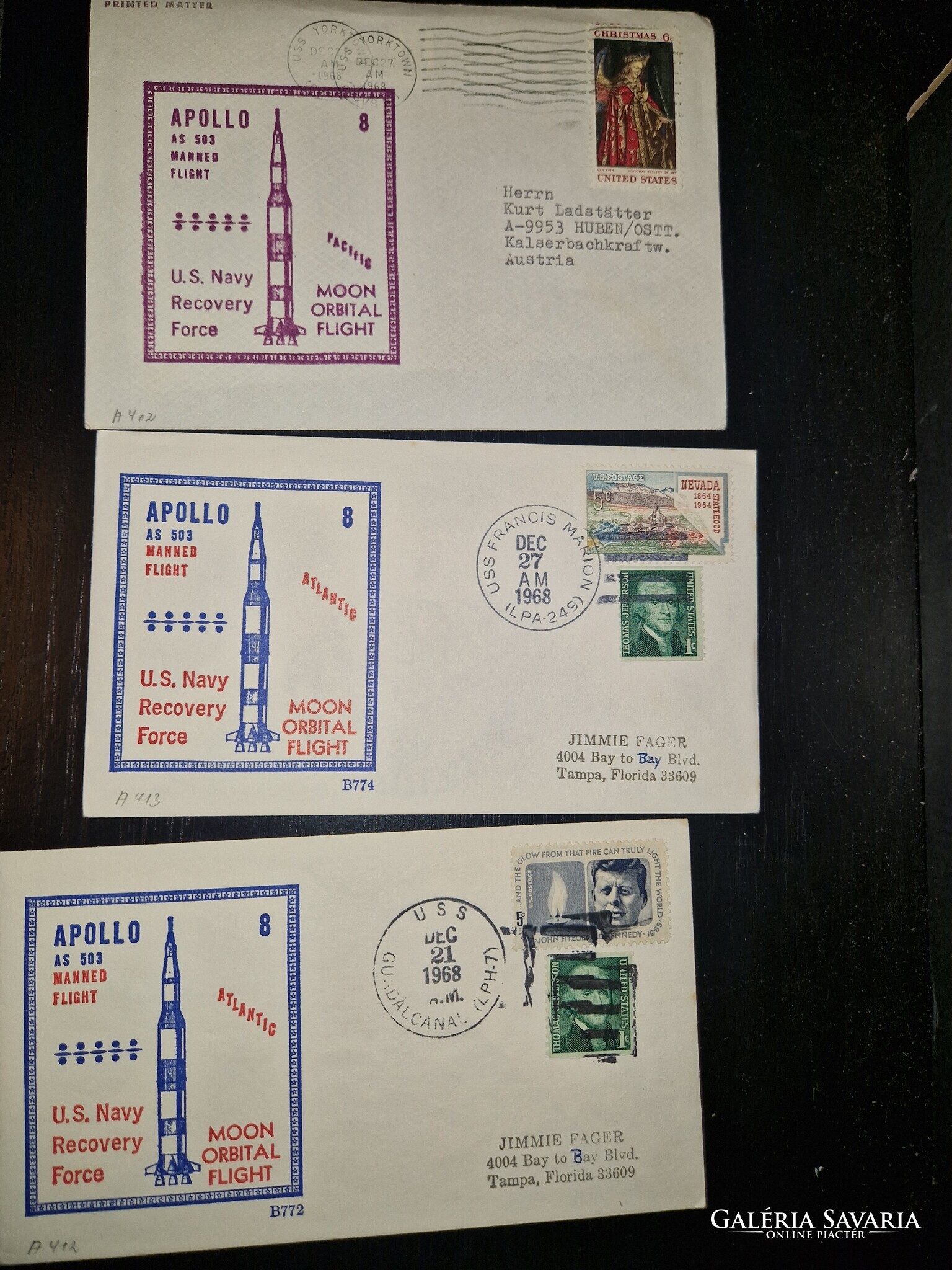 1968, Apollo 8, három levél hajóposta bélyegzésekkel - Gyűjtemény | Galéria Savaria online ...