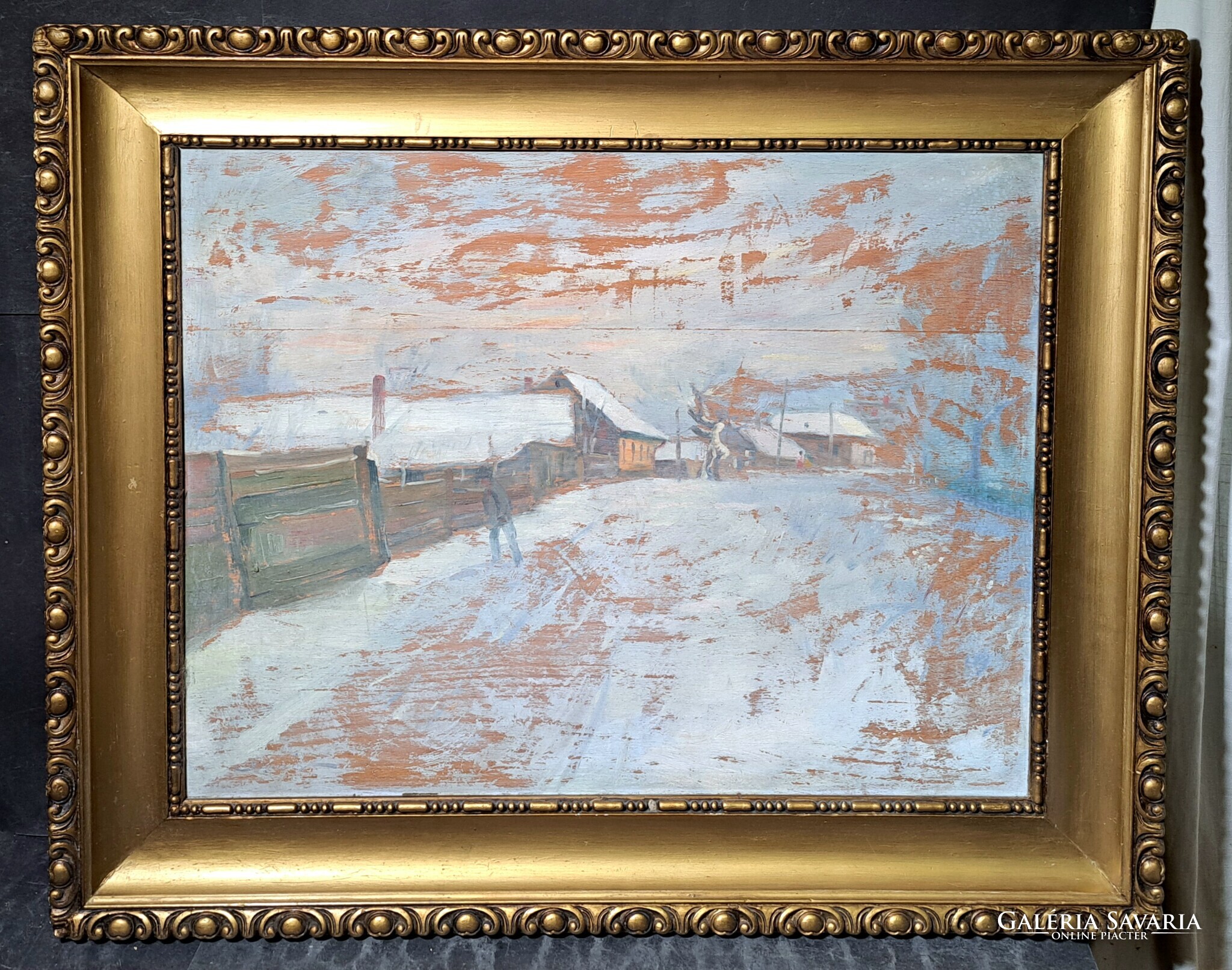 Moldován (?) jelzéssel: Téli utcakép - kvalitásos olajfestmény, arany ...