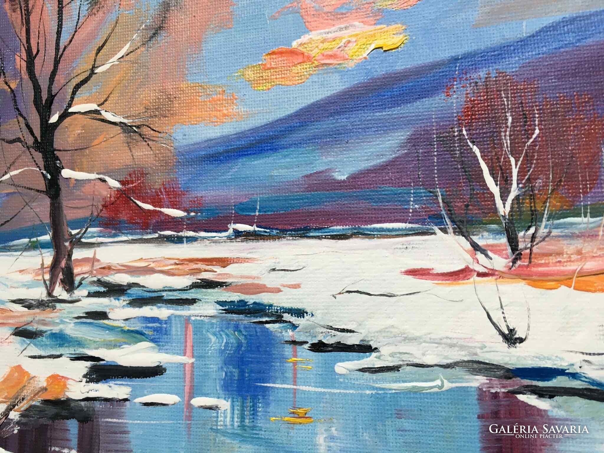 Hó lepte a Mátraalját c. Kortárs olajfestmény -képkerettel- - Festmény ...