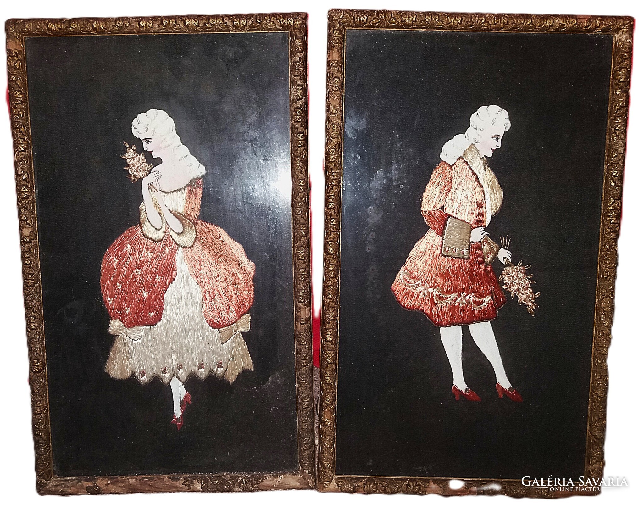 Antik 18 -19 század ROKOKÓ STÍLUSÚ hímzett selyemkép keretben üveg ...