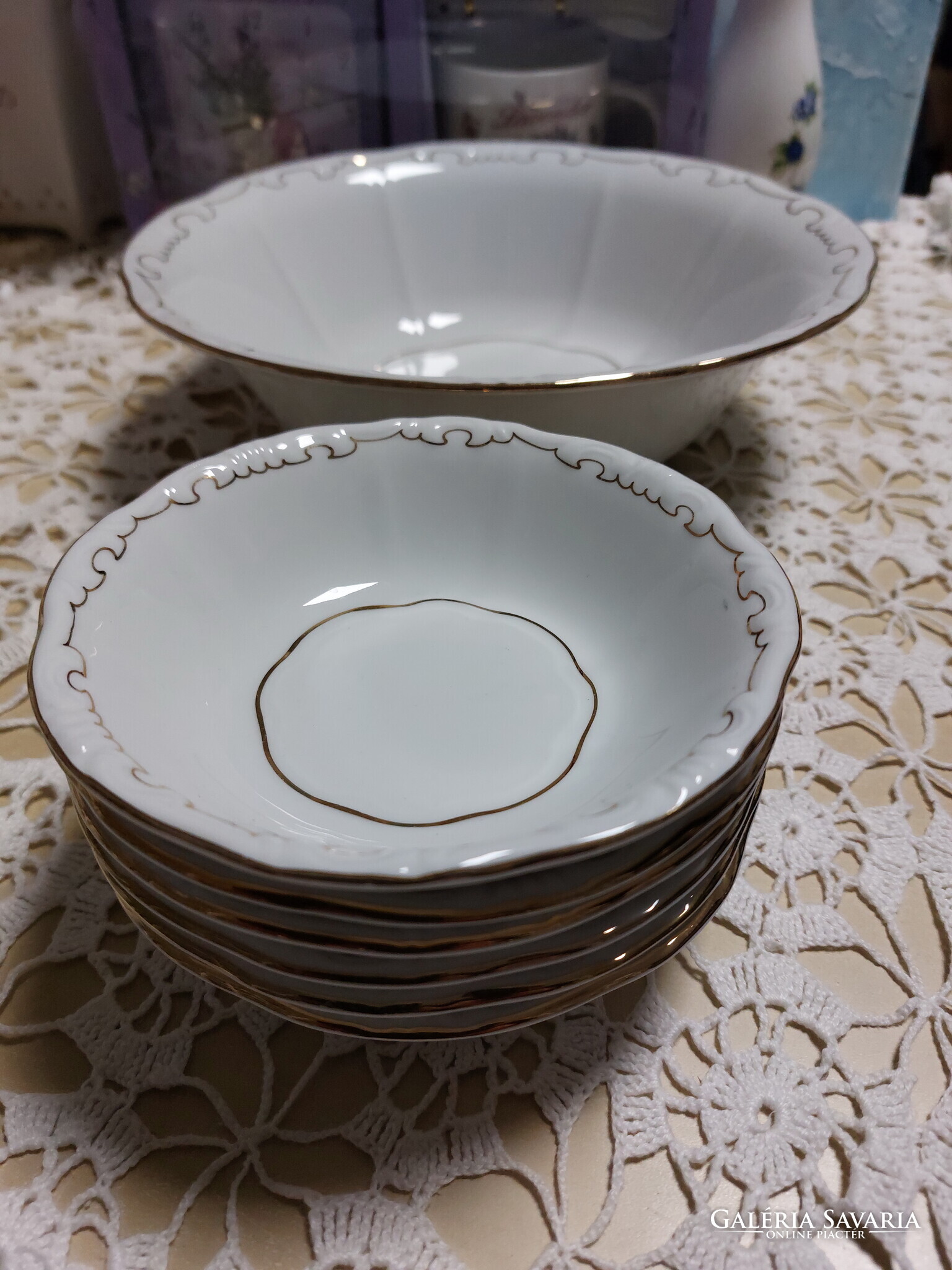 Zsolnay arany tollazott porcelán kompótos készlet 1db nagy tál, 6 db ...