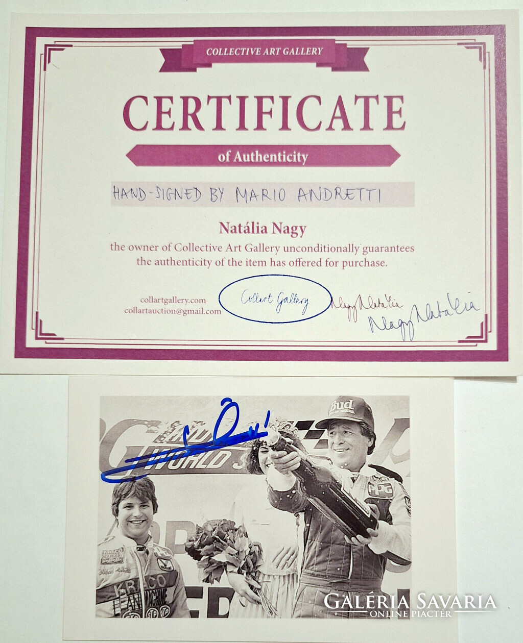 Mario Andretti (F1 Bajnok) autóversenyző aláírása hitelesítéssel fotón ...