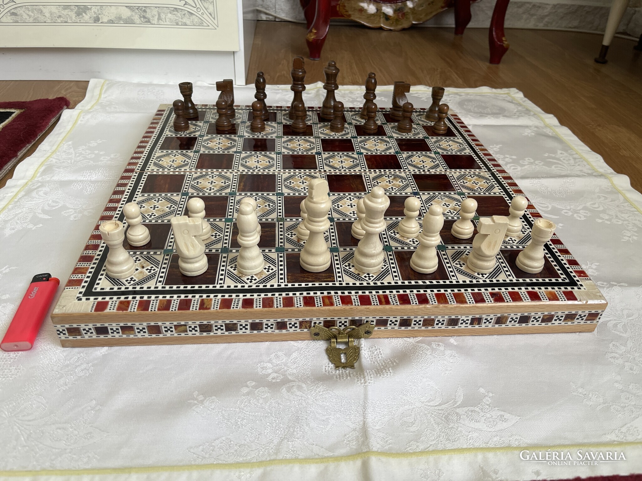 NAGY gyöngyház, kagyló csont intarziás fa sakk készlet faragott fa ...