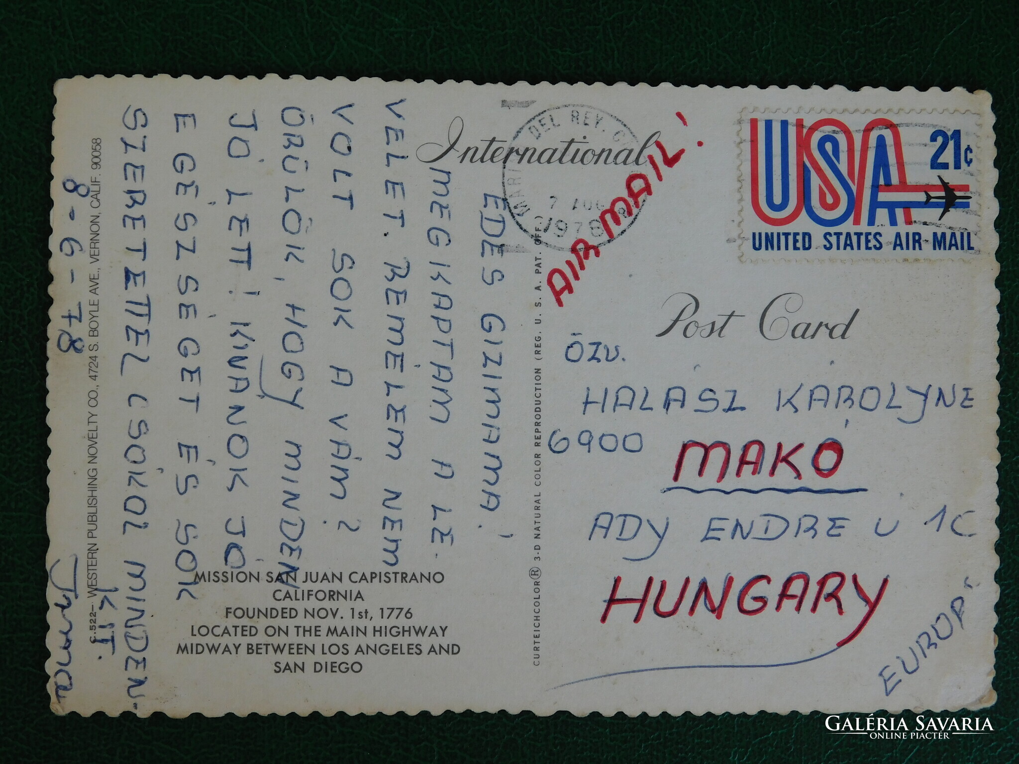 Képeslap USA 1978. üdvözlet Kaliforniából, San Juan Capistrano misszió ...