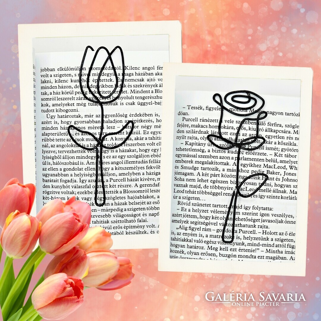 Nőnapi könyvjelzők– tulipán és rózsa fekete drótból - apró ajándék ...