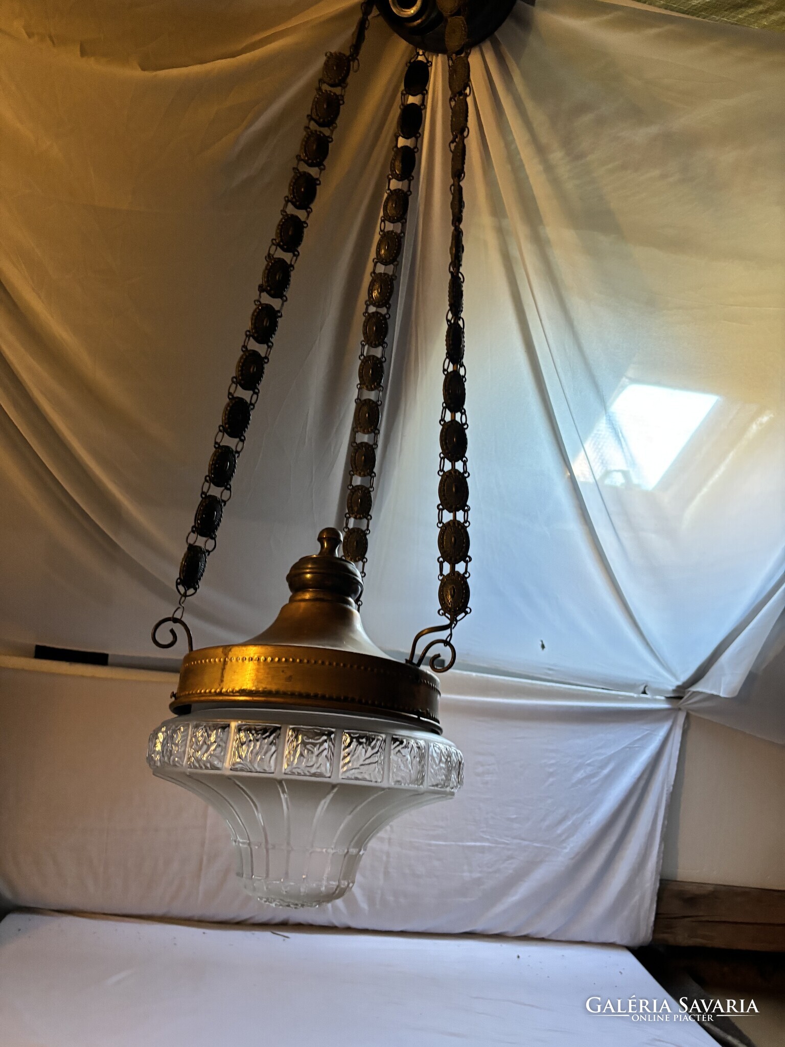 Antik csiszolt üveg burás nagypolgári réz csillár talán szecessziós v ...