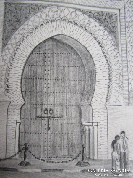 MAROKKÓ MEKNES Bab El Mansour CERUZA RAJZ JELZETT 40 cm - Kép, grafika ...